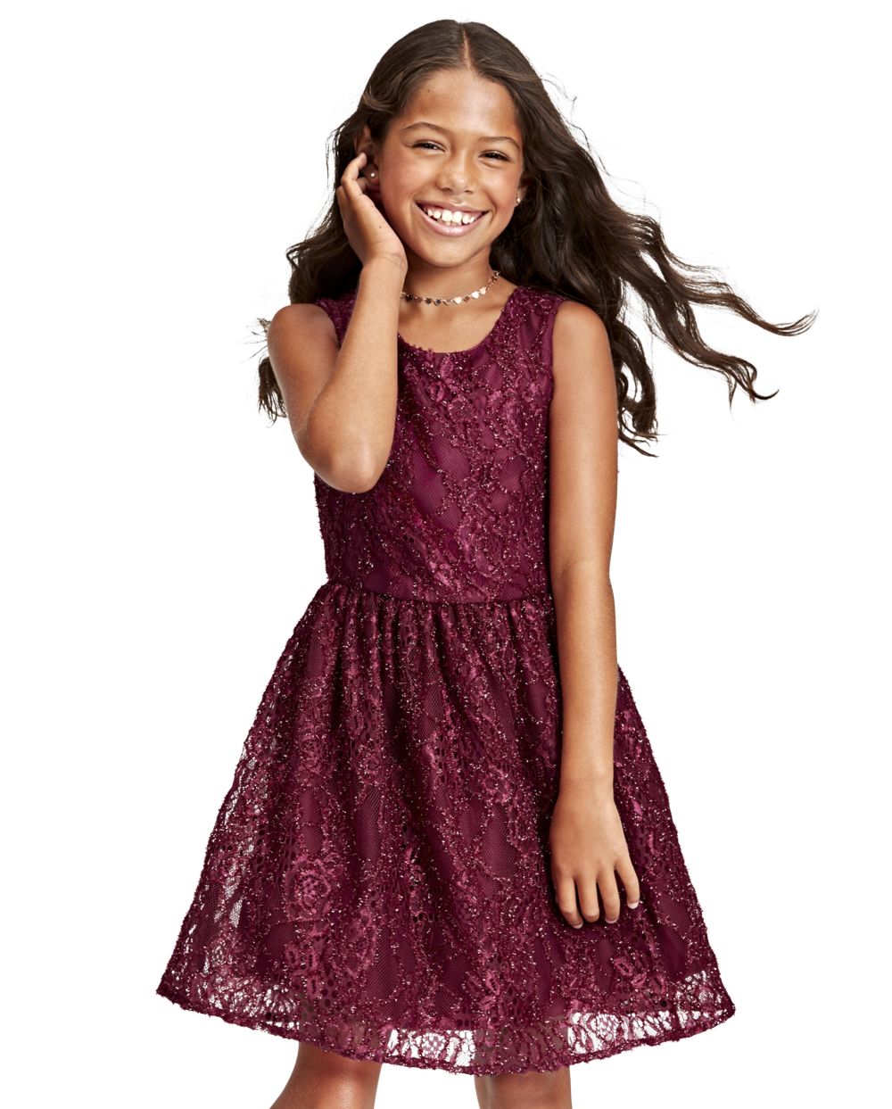 Girls Sleeveless Woven Shimmer Lace Dress