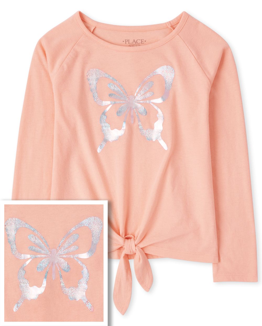 Girls Long Sleeve Holographic Butterfly Graphic Tie Front Top
